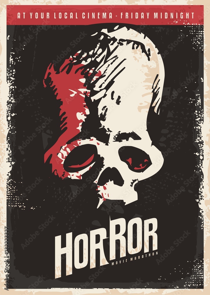 Cinema retro poster design for horror movies with skull drawing on ...