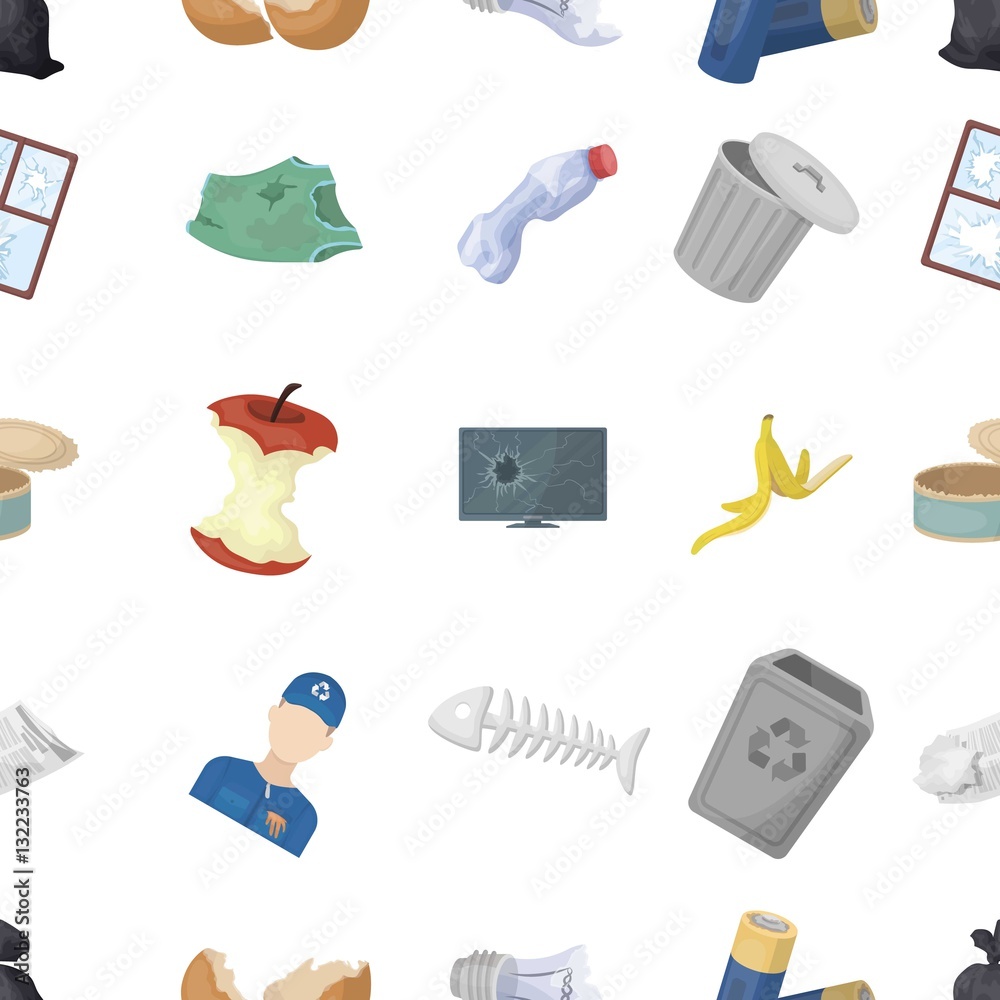 Trash and garbage pattern icons in cartoon style. Big collection of ...