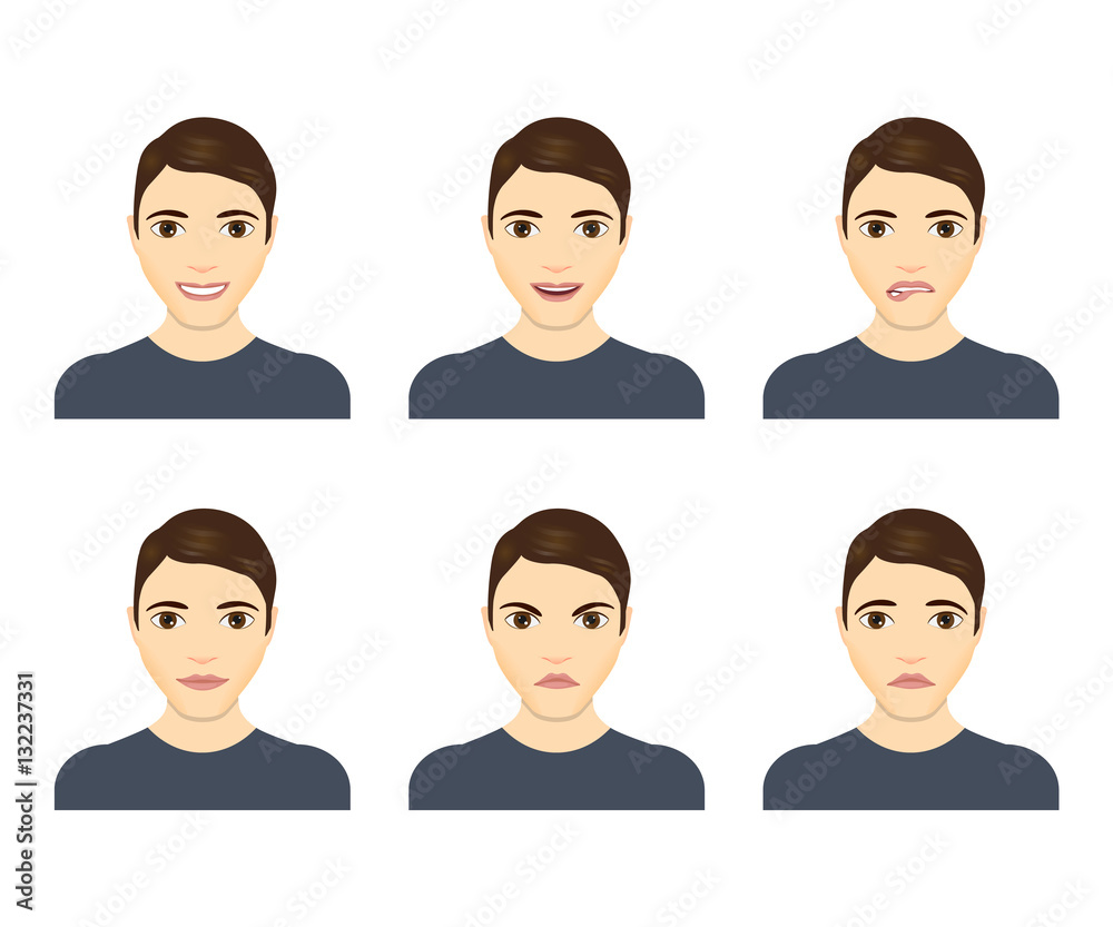 Young man face expressions composite isolated on white background ...