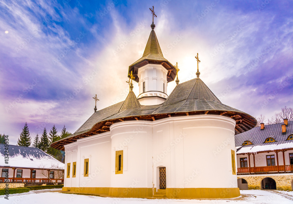 Sihastria orthodox church monastery in winter season, Moldavia ...