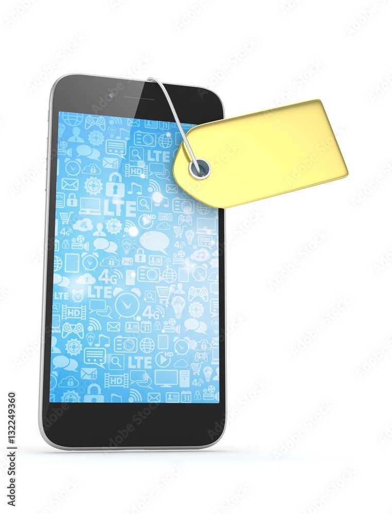 Smart phone with golden price tag on white background. Identification ...