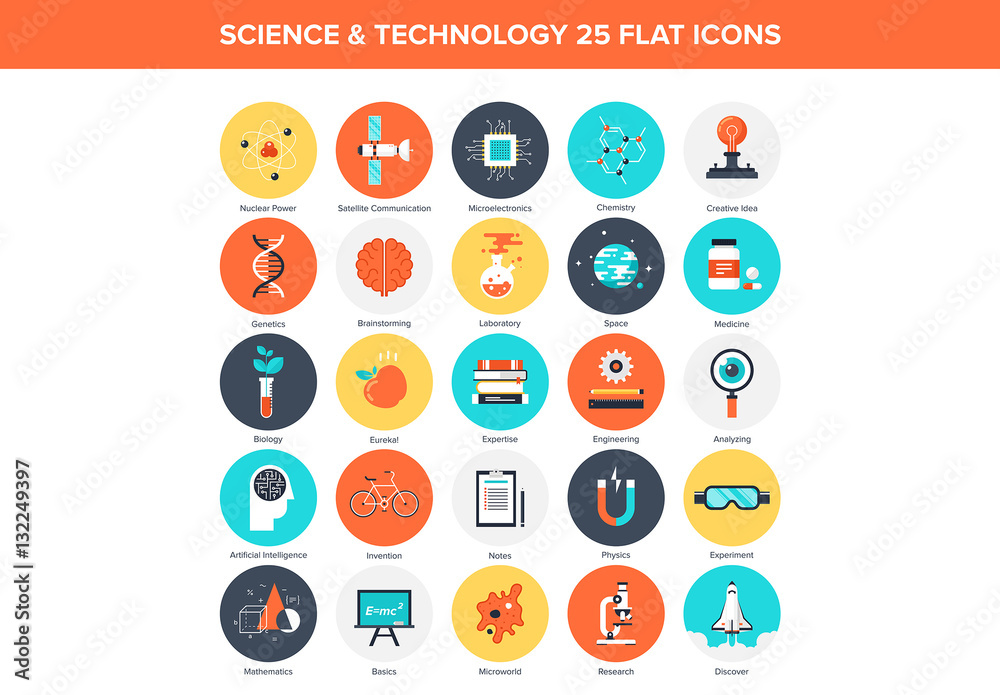 25 Flat Circular Science and Tech Icons Stock Template | Adobe Stock