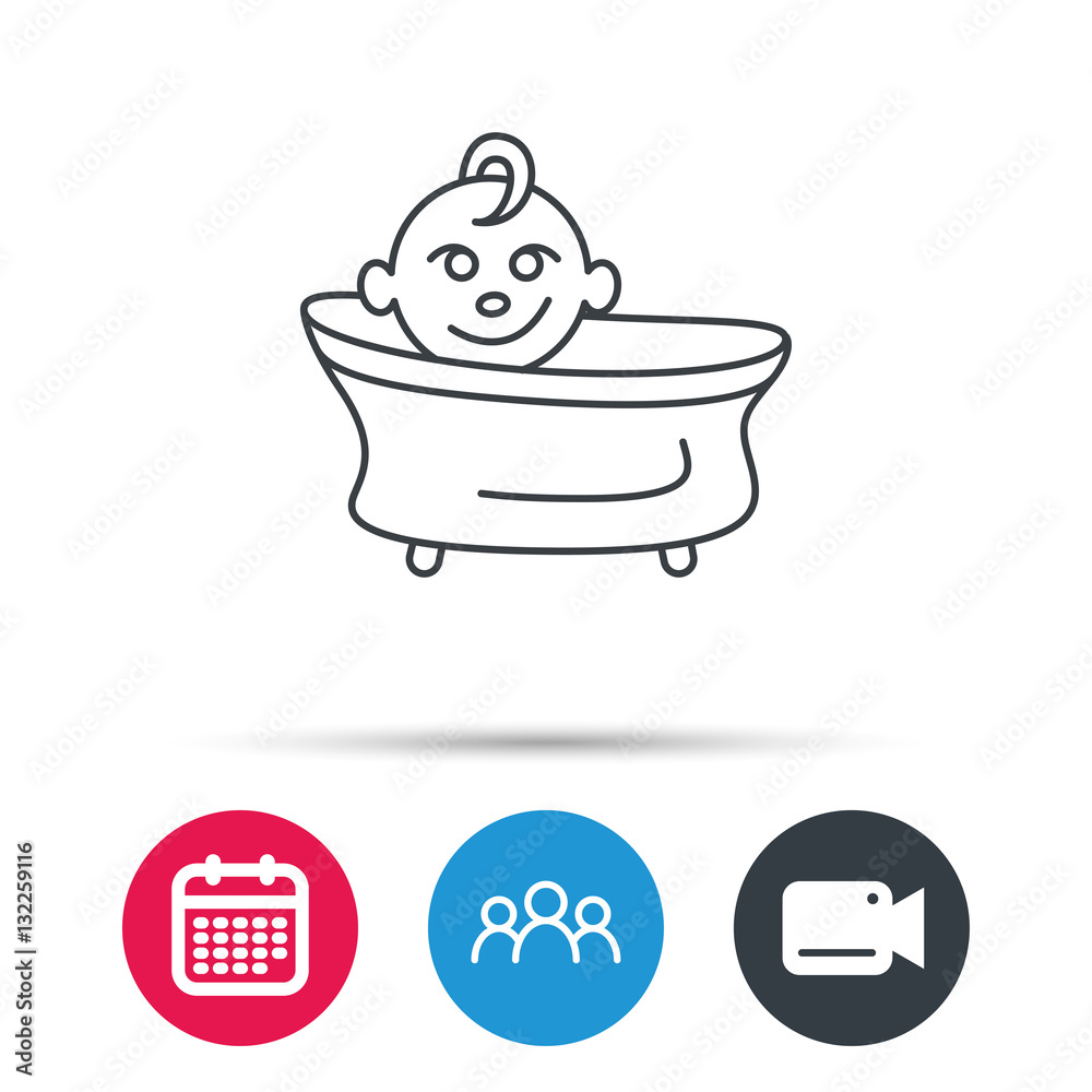 Baby in bath icon. Toddler bathing sign. Newborn washing symbol. Group ...