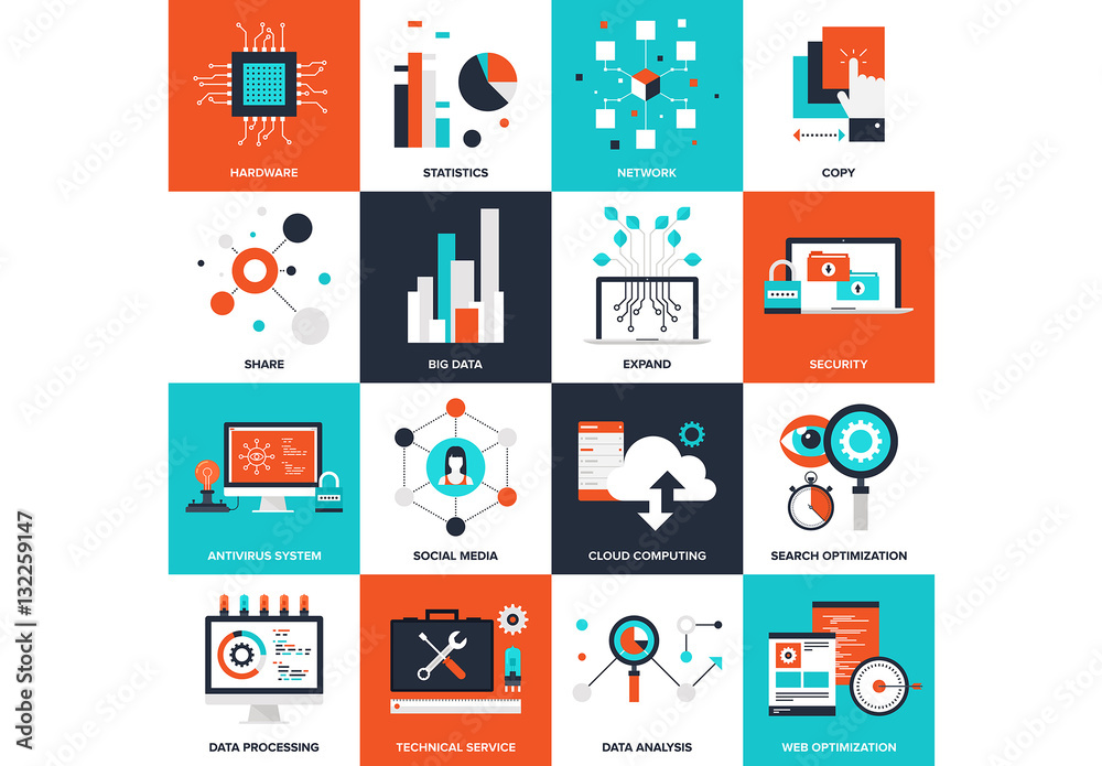 16 Four-Color Square Computing Icons Stock Template | Adobe Stock