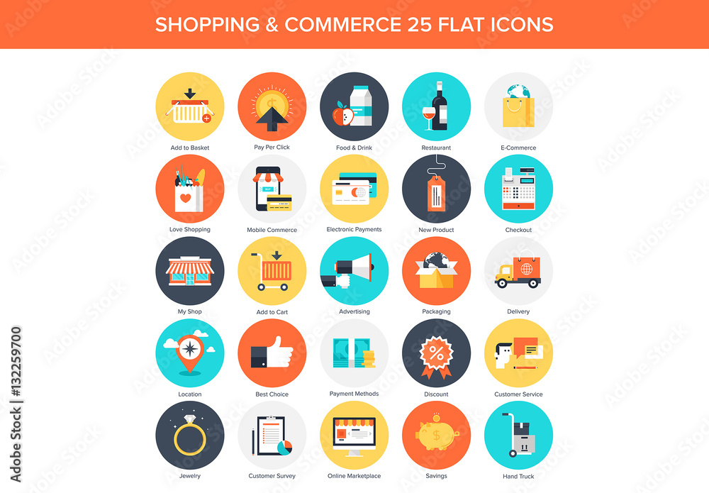 25 Flat Circular E-Commerce Icons Stock Template | Adobe Stock