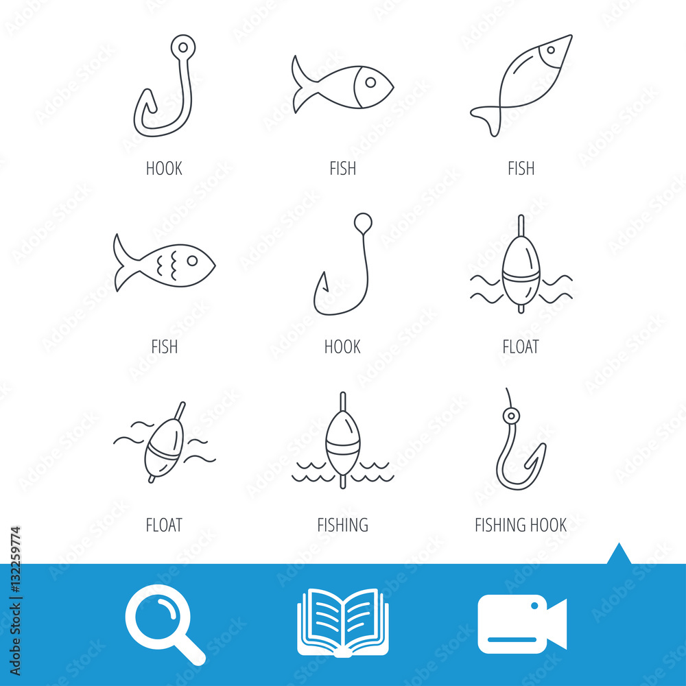 Vetor de Fishing hook and float icons. Fish, waves linear signs. Video ...