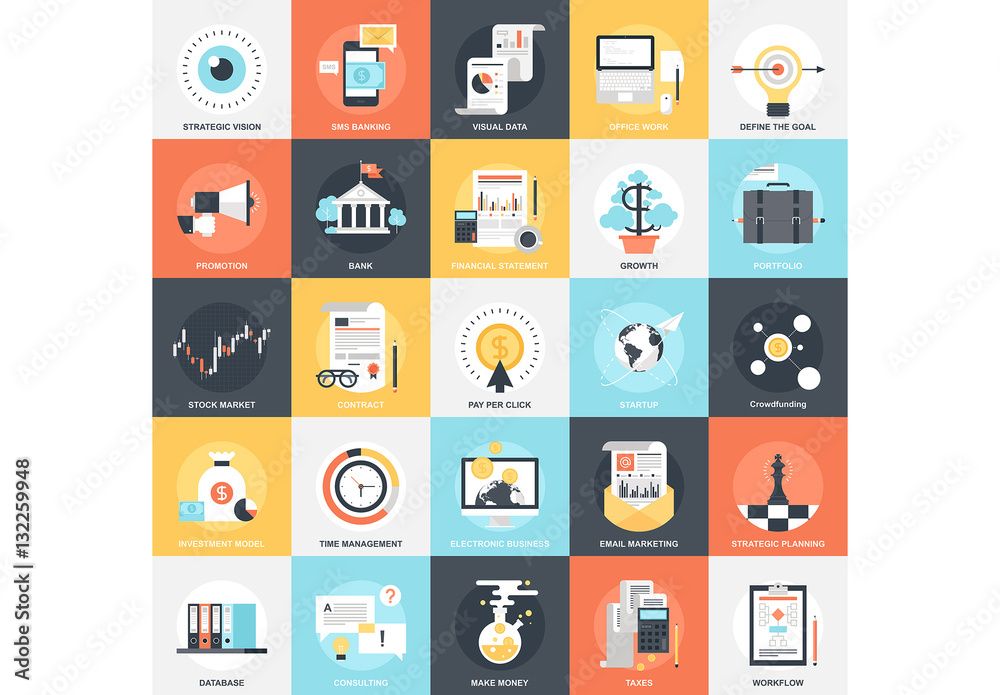 25 Flat Square Business and Planning Icons Stock Template | Adobe Stock