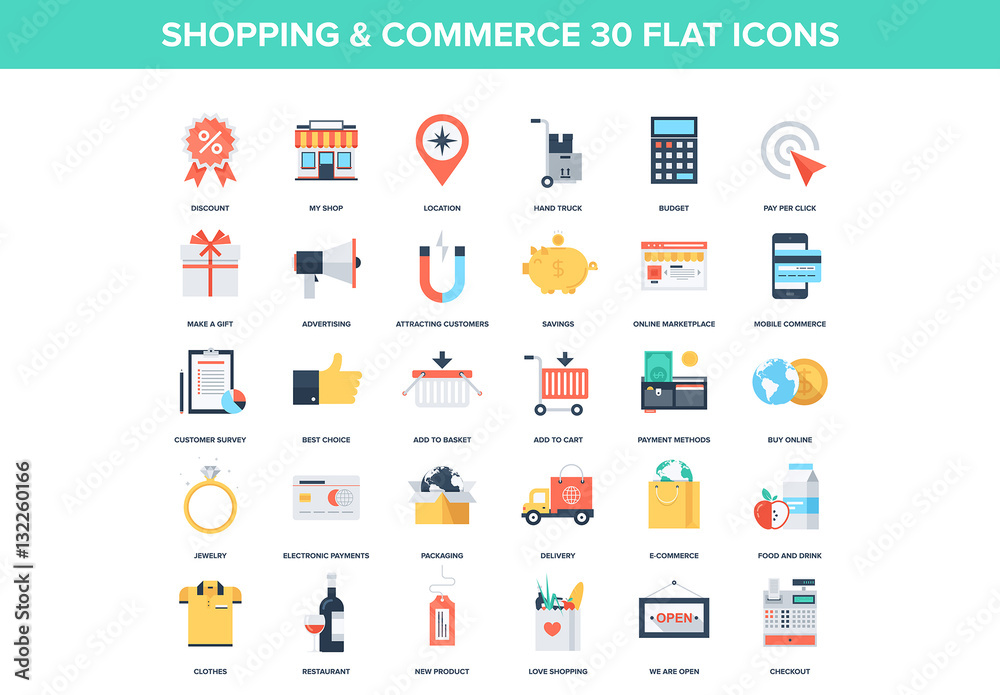 30 Colorful Shopping and Commerce Icons Stock Template | Adobe Stock