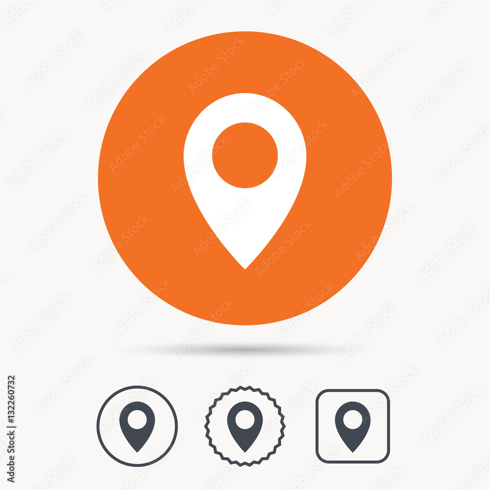 Location icon. Map pointer symbol. Orange circle button with web icon ...