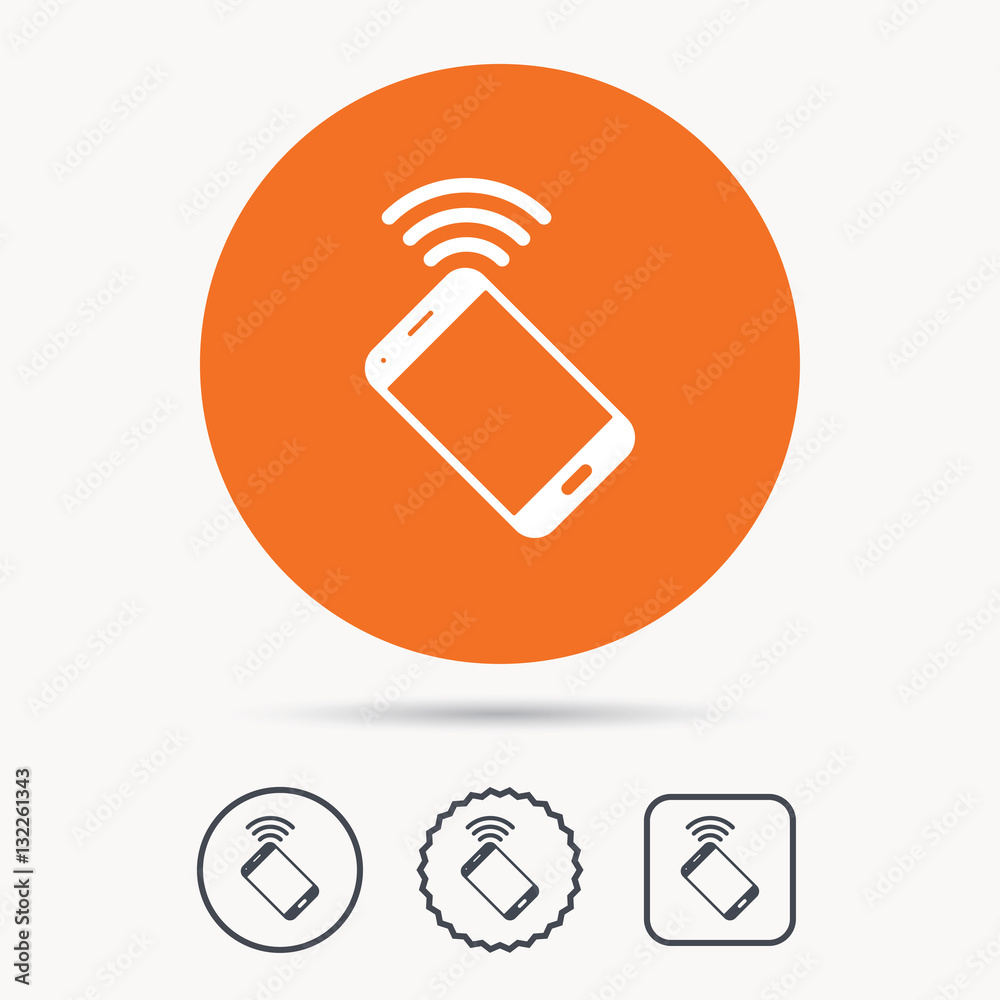 Cellphone icon. Mobile phone communication symbol. Orange circle button ...