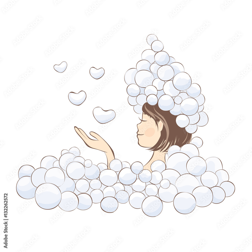 Girl in the foam / Funny vector illustration, young girl is launching ...