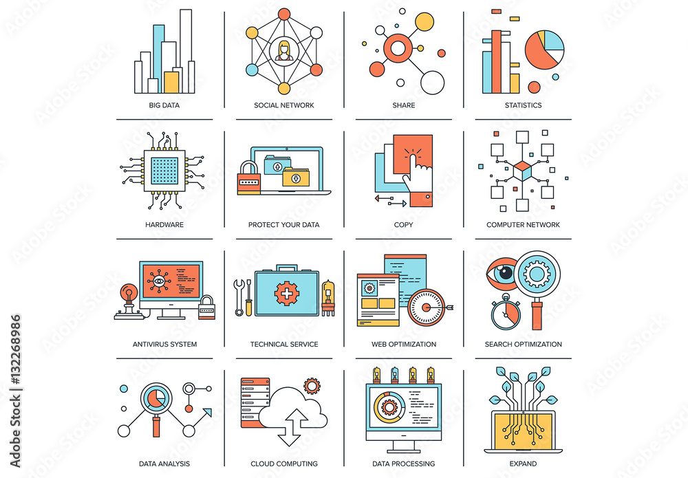 16 Outlined Data and Social Media Icons Stock Template | Adobe Stock