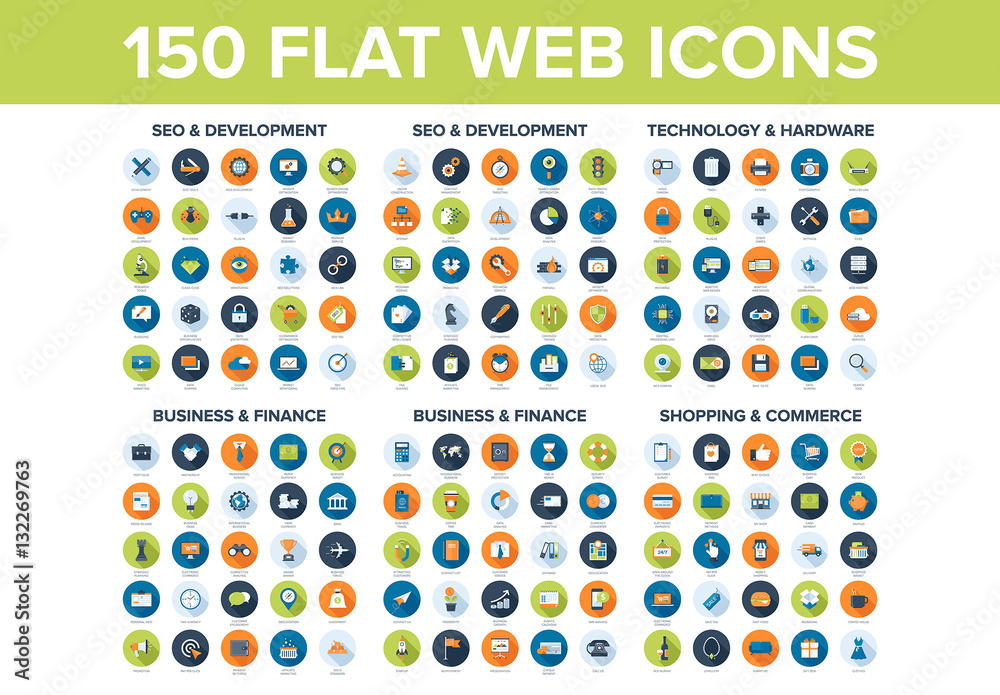 150 Assorted Circular Web Icons Stock Template | Adobe Stock