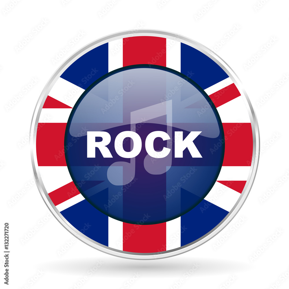 rock music british design icon - round silver metallic border button ...