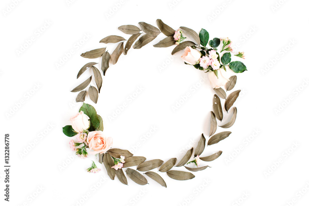 Round frame wreath with roses and dried leaves isolated on white ...