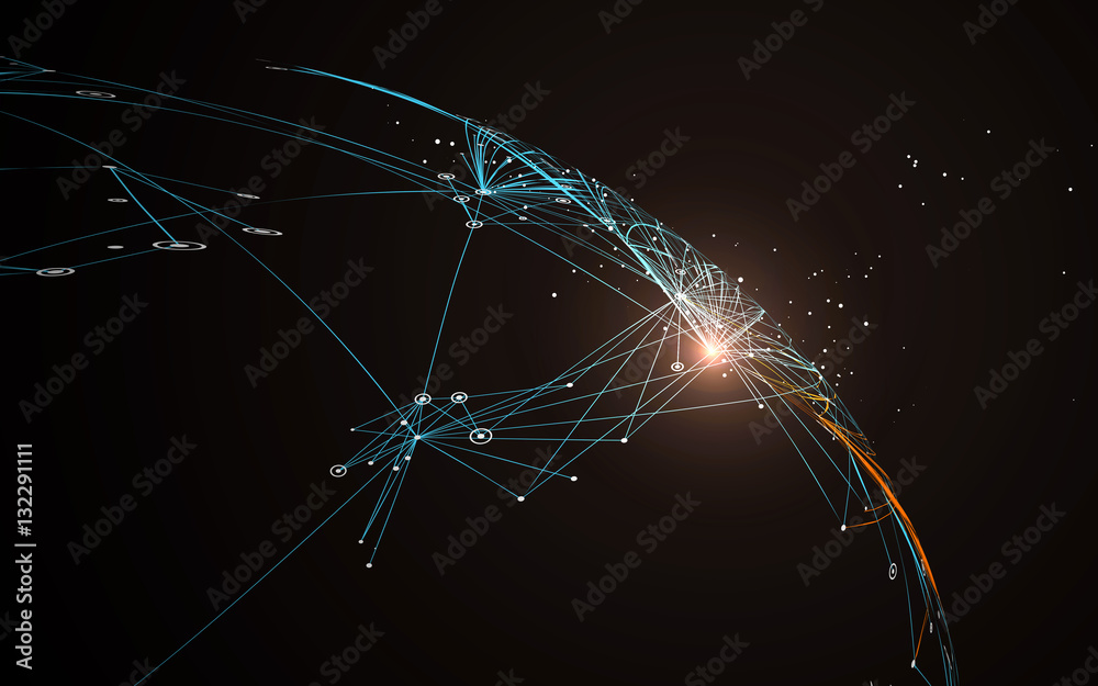 Dotted lines connected to the abstract graphics, network connections ...