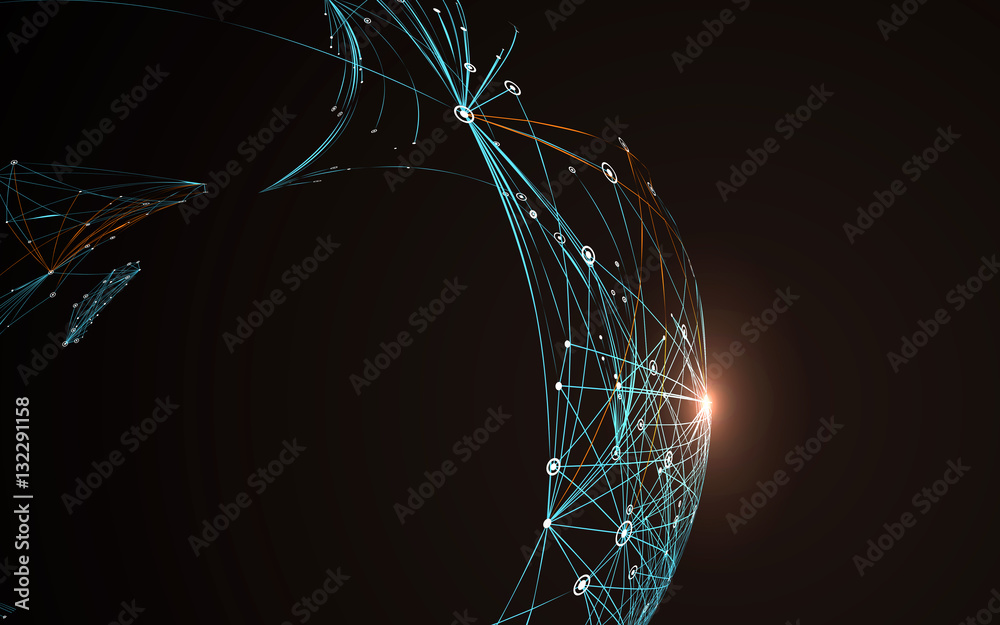 Dotted lines connected to the abstract graphics, network connections ...