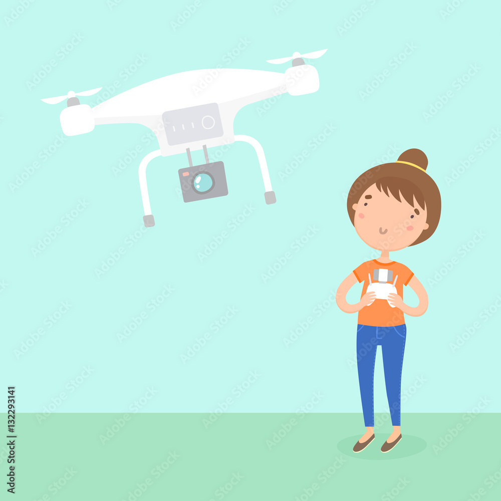 Girl piloted a drone. Vector hand drawn cartoon illustration. Stock ...
