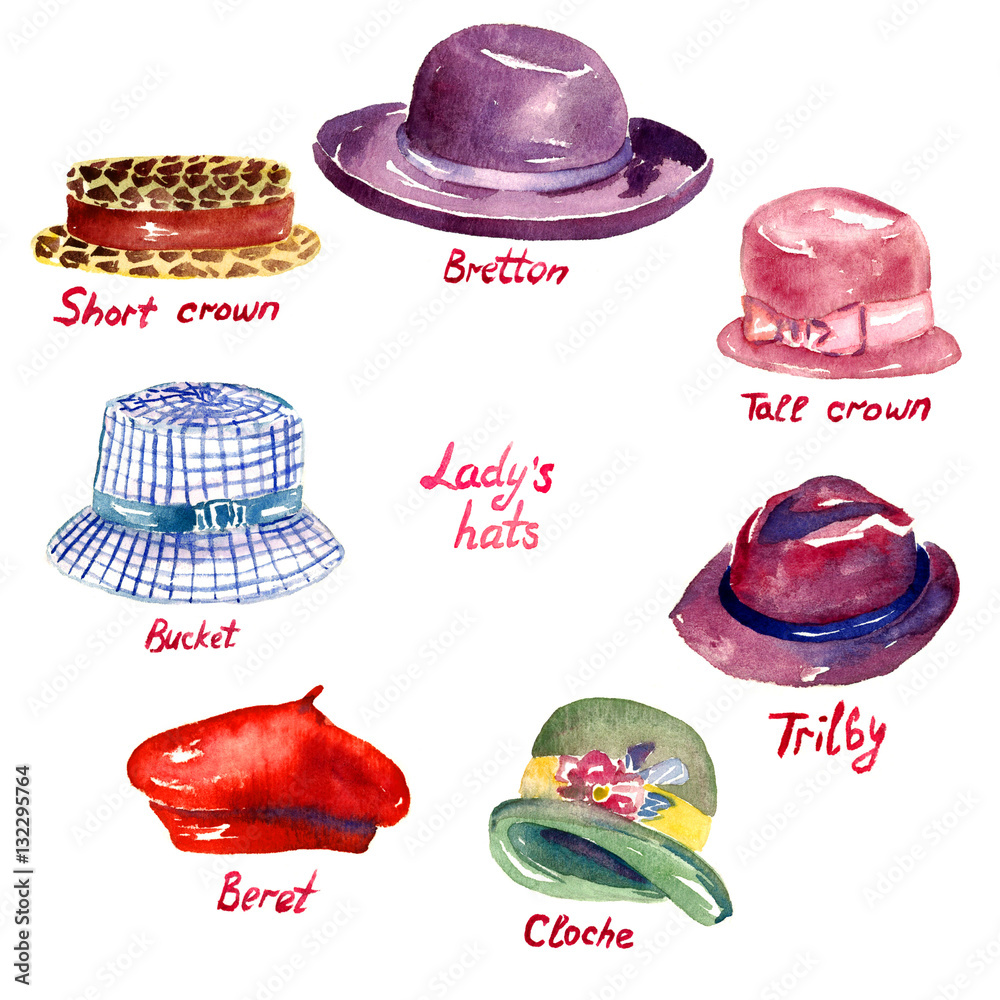 Lady's hats types: Short Crown, Bretton, Tall Crown, Trilby, Bucket ...