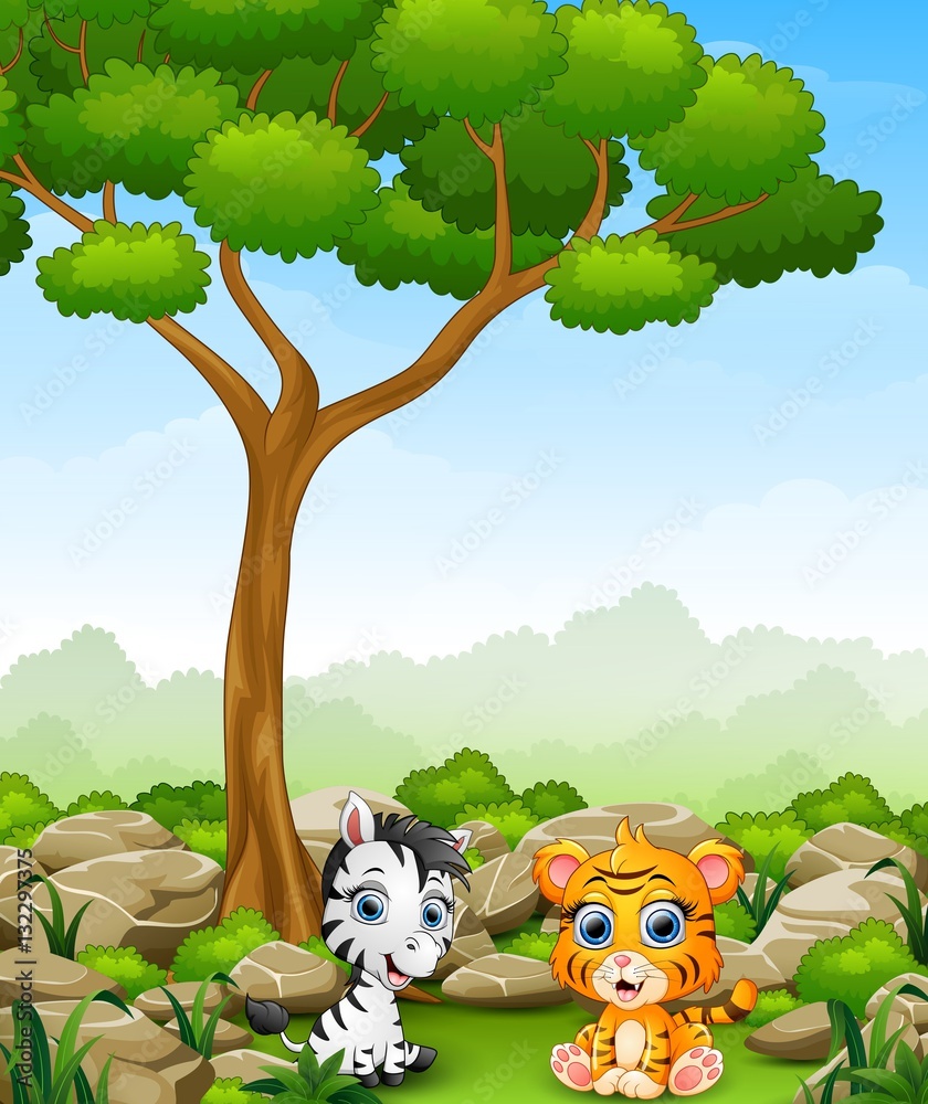 Cartoon baby zebra with baby tiger sitting in the jungle Stock ...