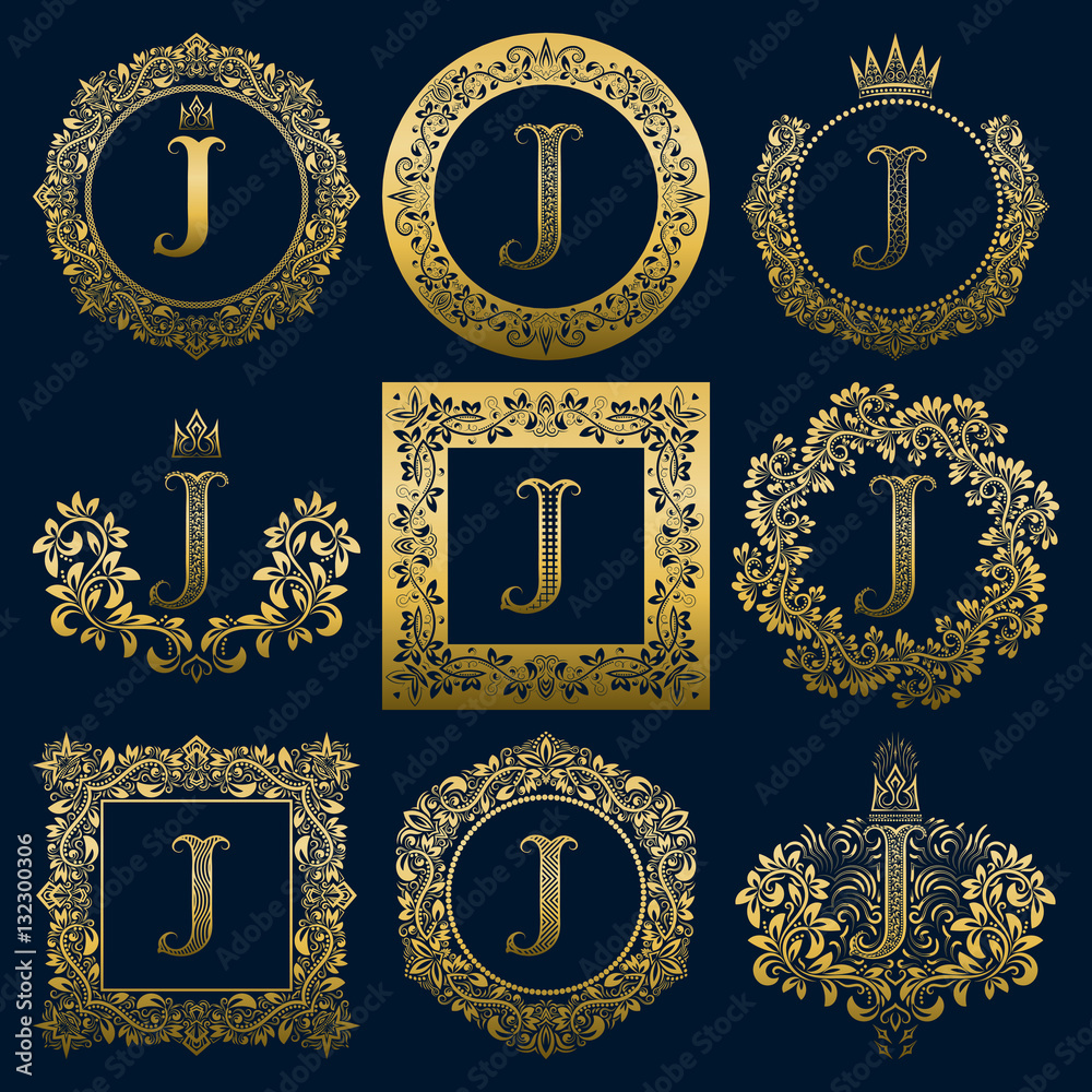 Vintage monograms set of J letter. Golden heraldic logos in wreaths ...