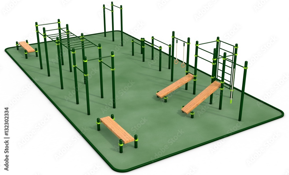 Outdoor fitness equipment for workout in public park. 3D rendering ...