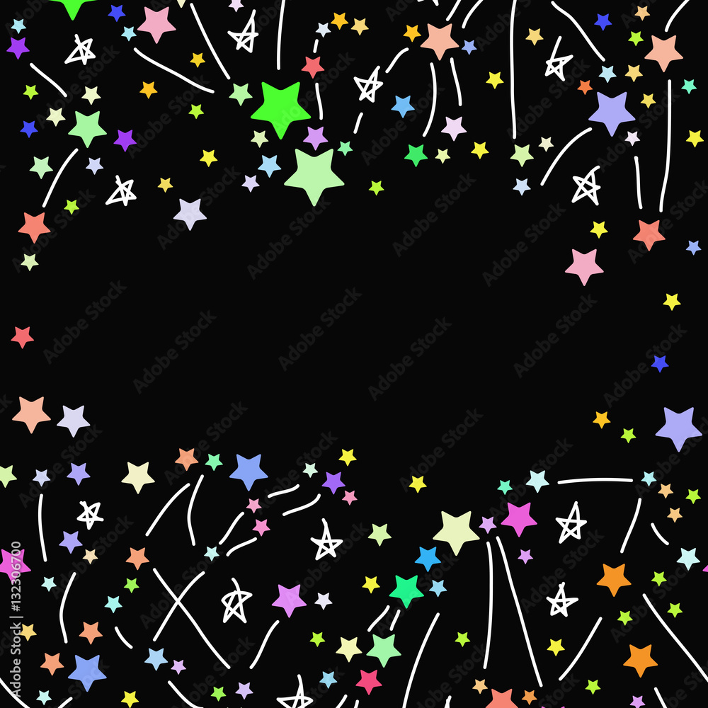 Abstract background with colored bright stars frame for text on black ...