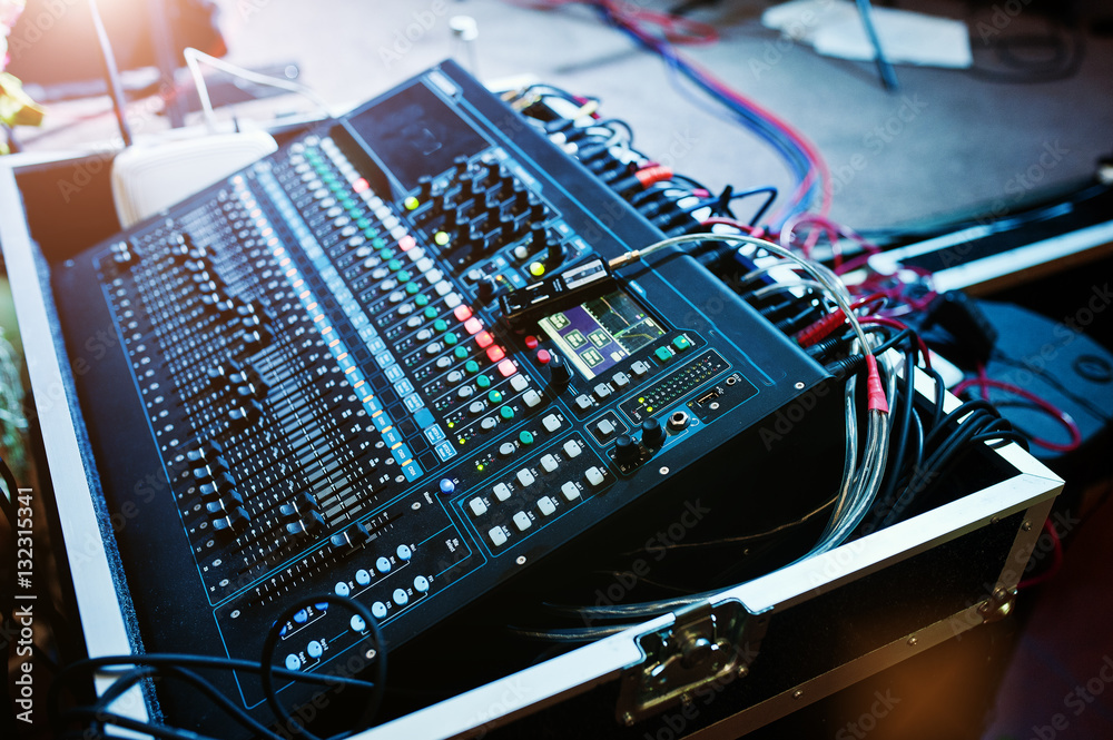Digital mixing console. Sound mixer control panel, closeup of au Stock ...