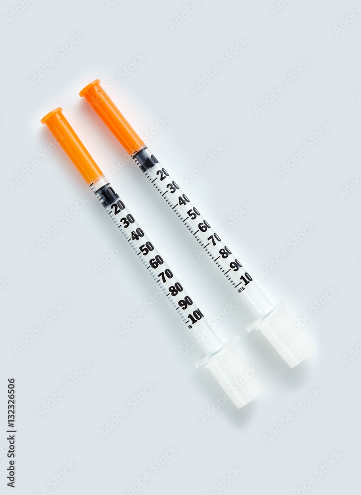 Three insulin syringes isolated on white background. Pile of Medical ...
