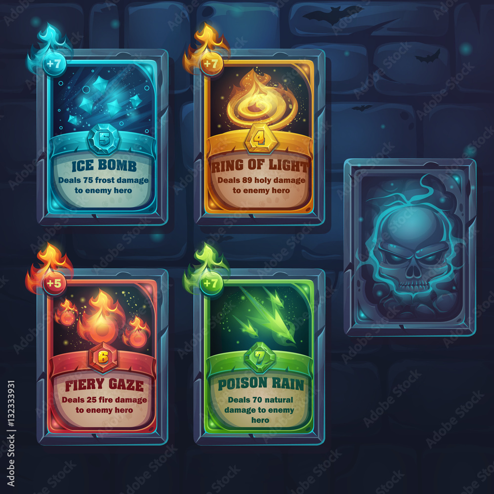 Poster Set spell cards of fiery gaze, poison rain, ice bomb, ring of li ...