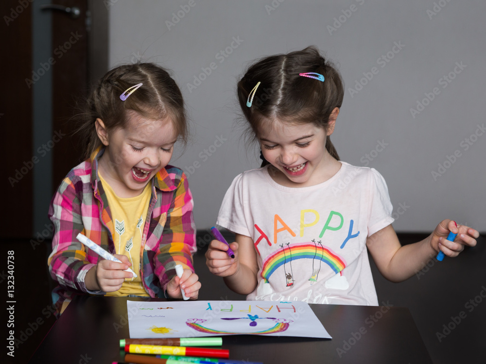 Happy cute kids draw rainbows and write the word happiness, small ...