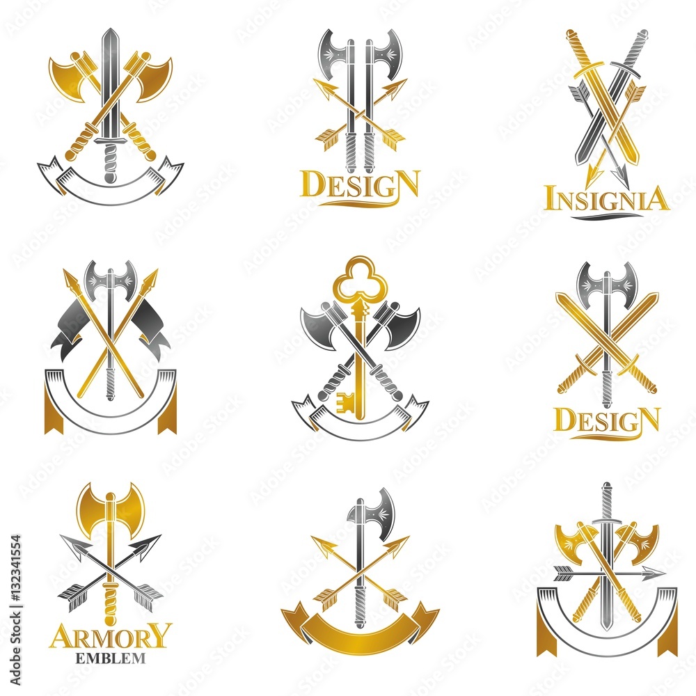 Vintage Weapon Emblems set. Vintage vector design elements colle Stock ...
