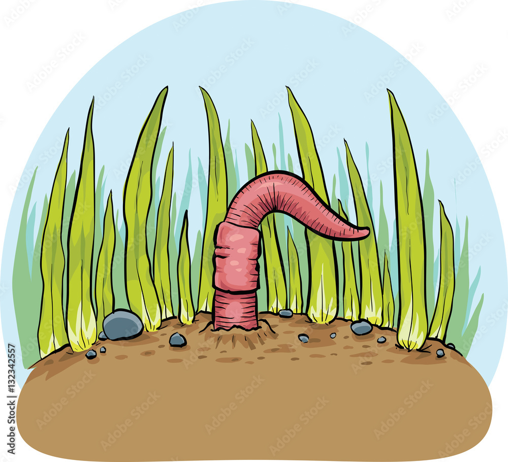 A cartoon earthworm poking out of the dirt, surrounded by green grass ...