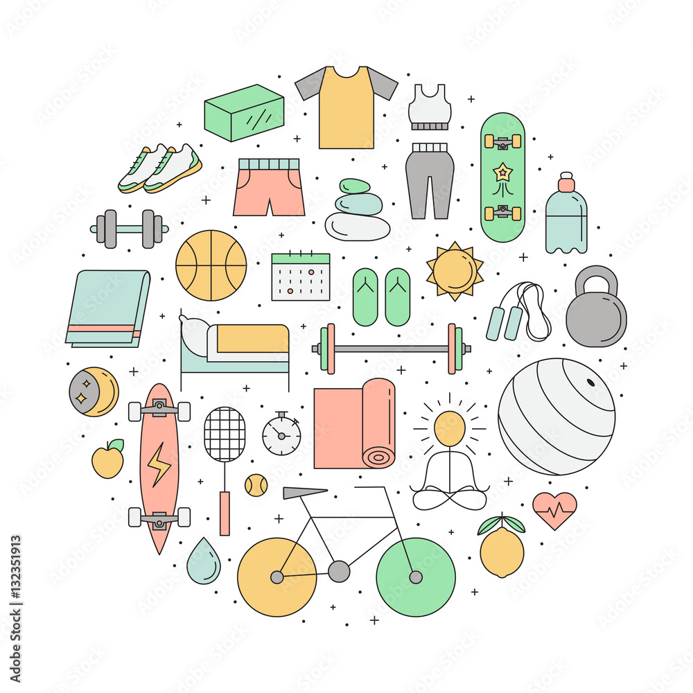Fitness and sport circle multicolored outline illustration. Stock ...