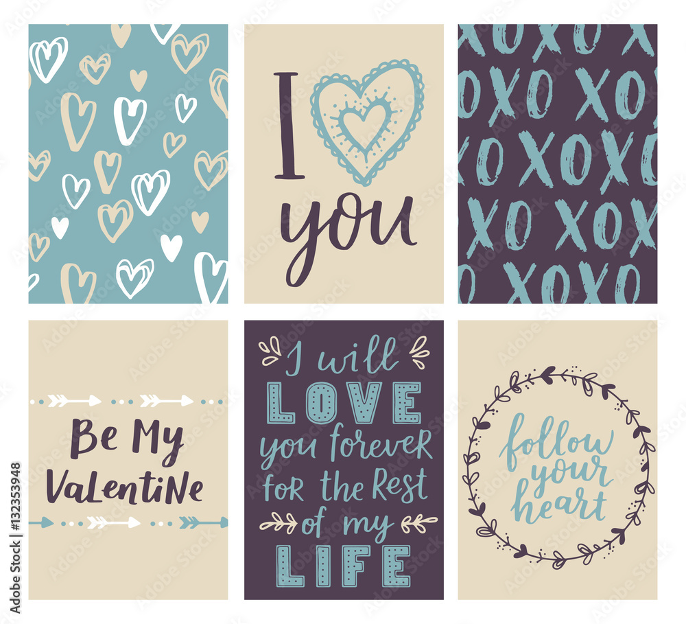 Vector set of Valentines Day greeting poster. Cute blue-beige colors ...
