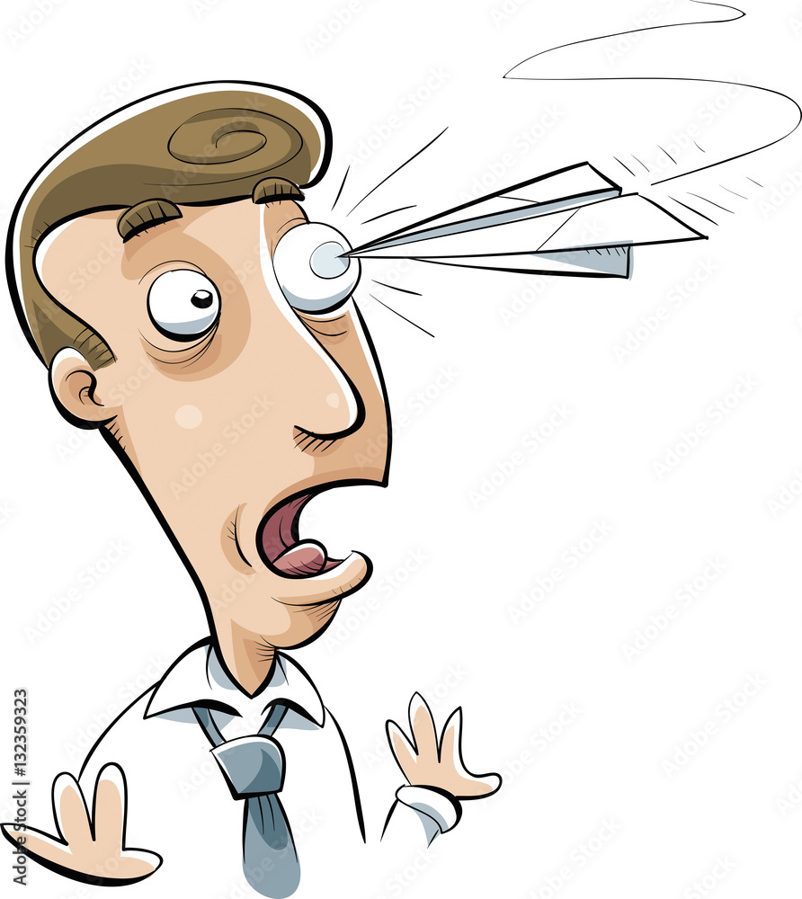 A cartoon businessman getting poked in the eye by a flying paper ...