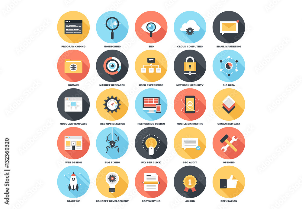 25 Circular Shadowed Development Icons Stock Template | Adobe Stock