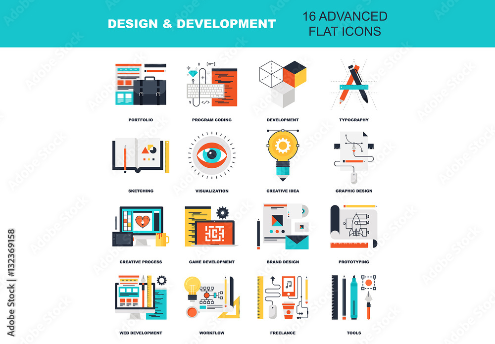16 Flat Colorful Design Development Icons Stock Template | Adobe Stock