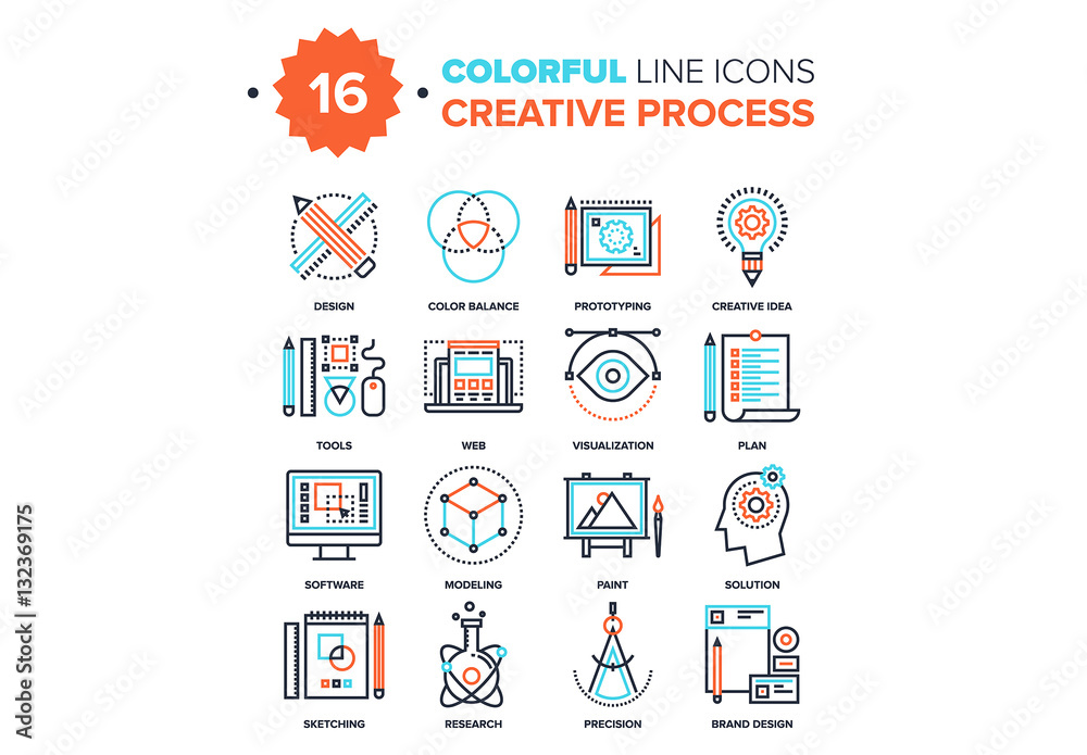 16 Line Art Creative Process Icons Stock Template | Adobe Stock