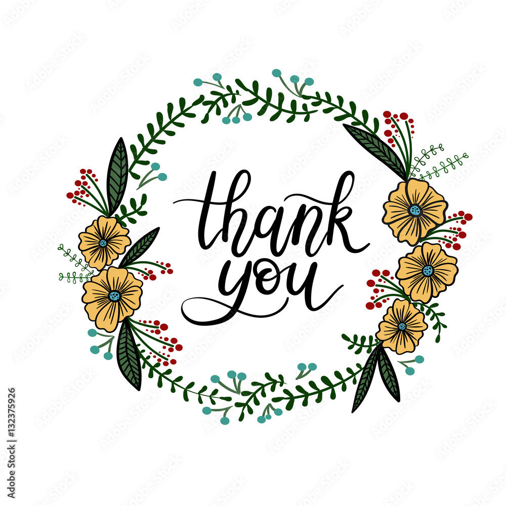 Thank You Hand Lettering Card with Floral Wreath. Modern Calligraphy. Vector Illustration ...