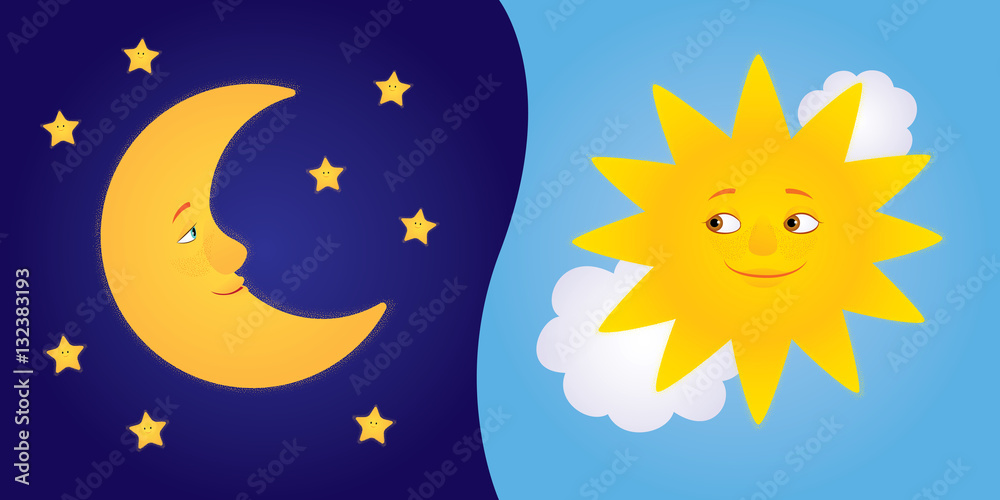 Vector cartoon illustration of half moon with stars and sun among ...