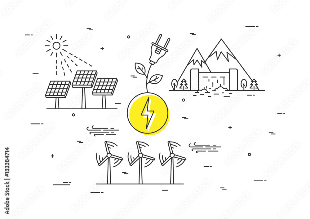 Alternative energy sources vector illustration. Wind electricity, air ...