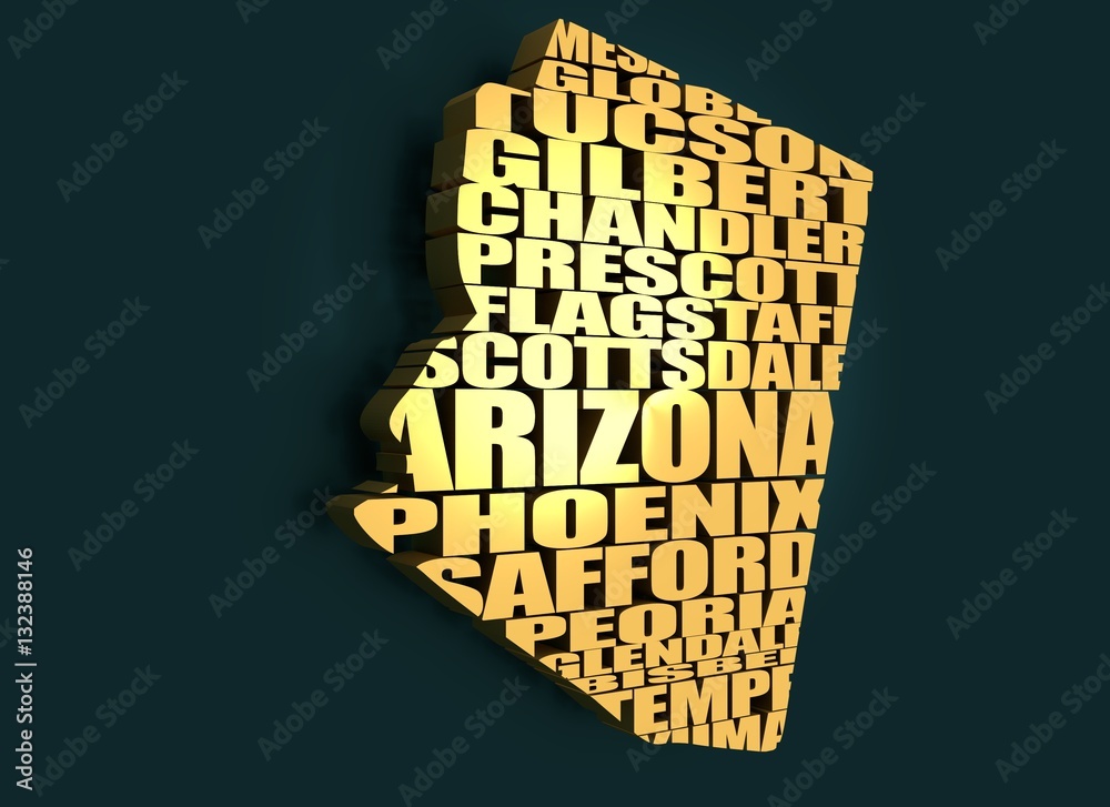 Word cloud map of Arizona state. Cities list collage. Golden material ...