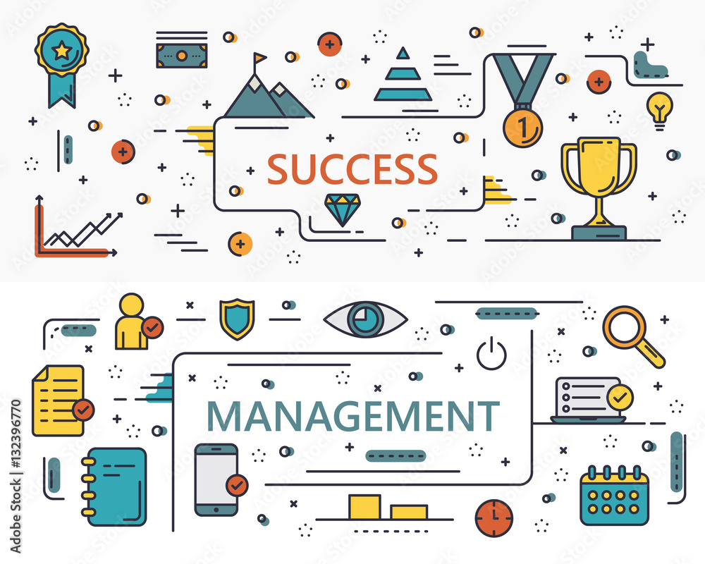 Vector thin line flat design Success and Management concept banners ...