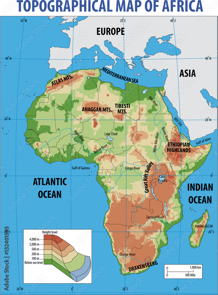 Vector illustration of Topographical map of Africa Stock Vector | Adobe ...