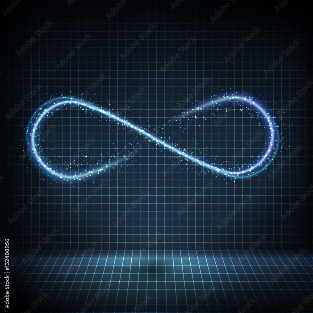 Glowing neon infinity symbol with bright lights and distorted lines on ...