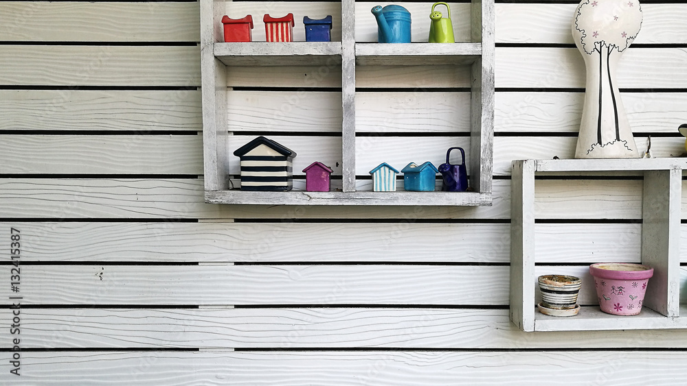 decorative wall with shelf make from white wood texture background ...