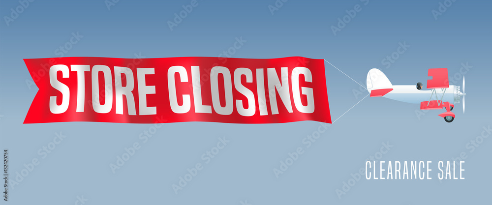 Vector retro biplane with wavy banner for store closing illustration ...