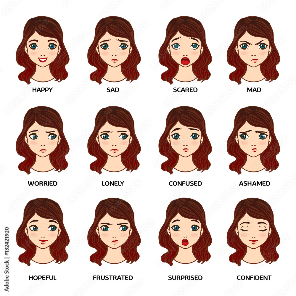 Pretty face woman with emotions of joy, happiness and others. Vector ...