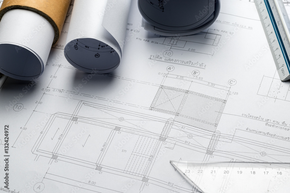 engineering diagram blueprint paper drafting project sketch Stock Photo ...